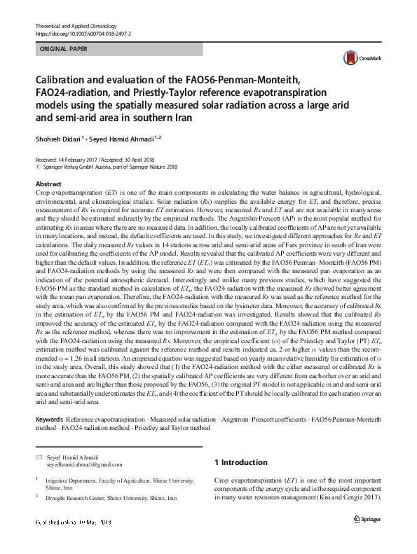 Pdf Calibration And Evaluation Of The Fao56 Penman Monteith Fao24 Radiation And Priestly