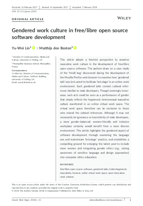 (PDF) Gendered work culture in free/libre open source software development