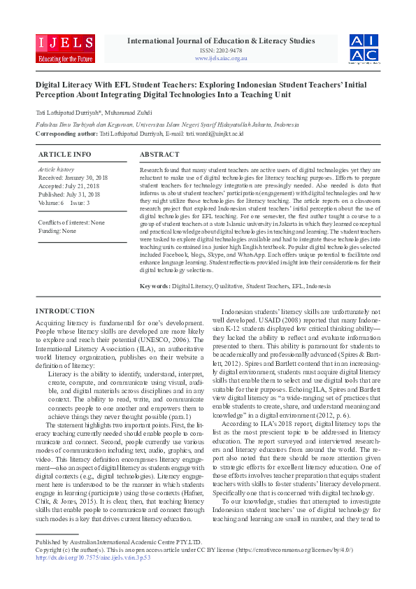 Pdf Digital Literacy With Efl Student Teachers Exploring Indonesian