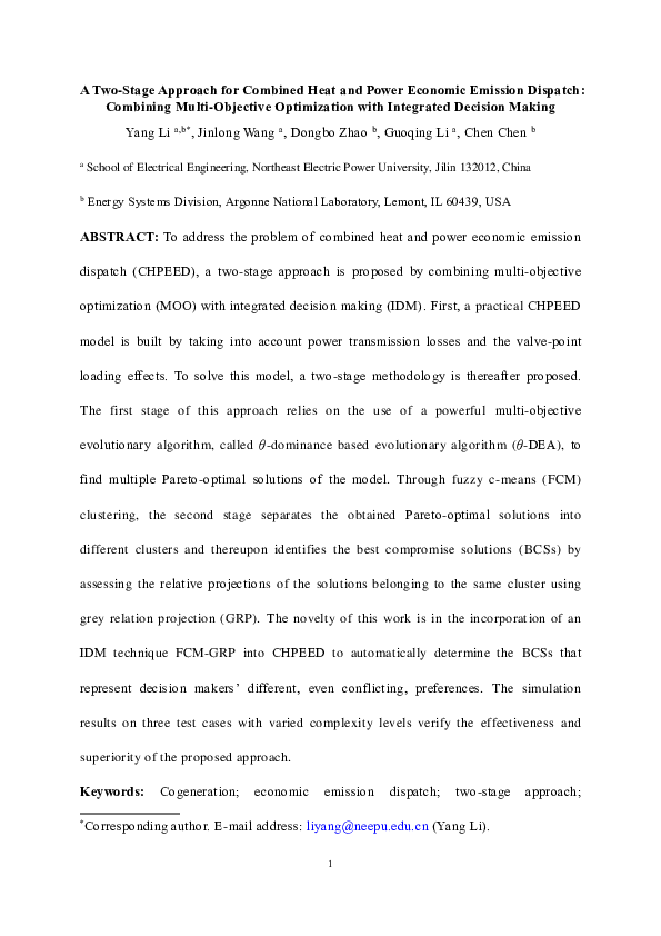Pdf A Two Stage Approach For Combined Heat And Power Economic Emission Dispatch Combining