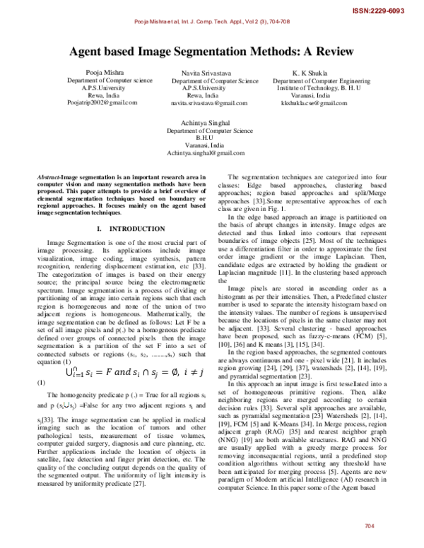 (PDF) Agent based Image Segmentation Methods: A Review