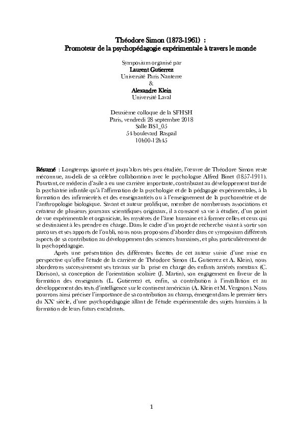 (PDF) (Symposium) Théodore Simon (1873-1961) : Promoteur de la ...