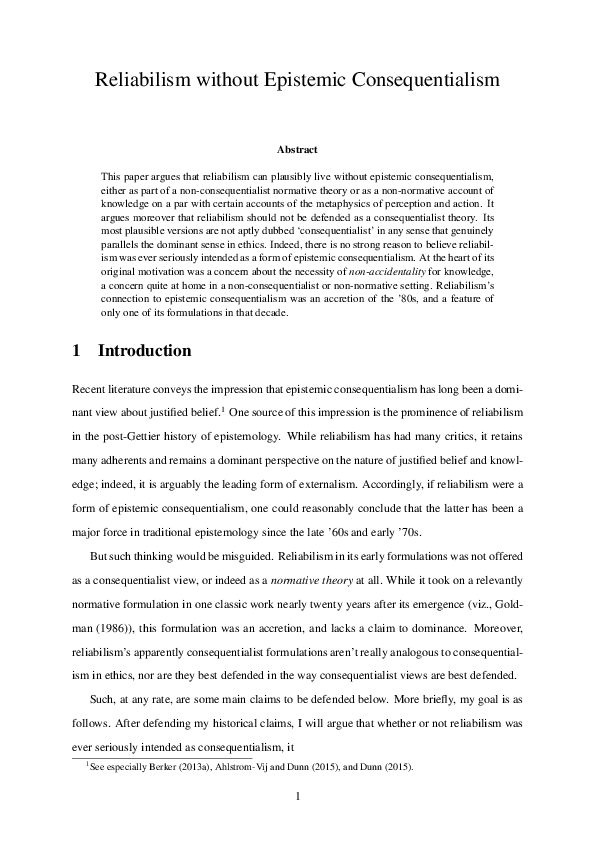 (PDF) Reliabilism without Epistemic Consequentialism