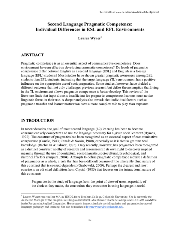 (PDF) Second Language Pragmatic Competence: Individual Differences in ...
