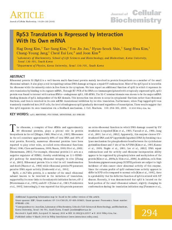 (PDF) RpS3 translation is repressed by interaction with its own mRNA