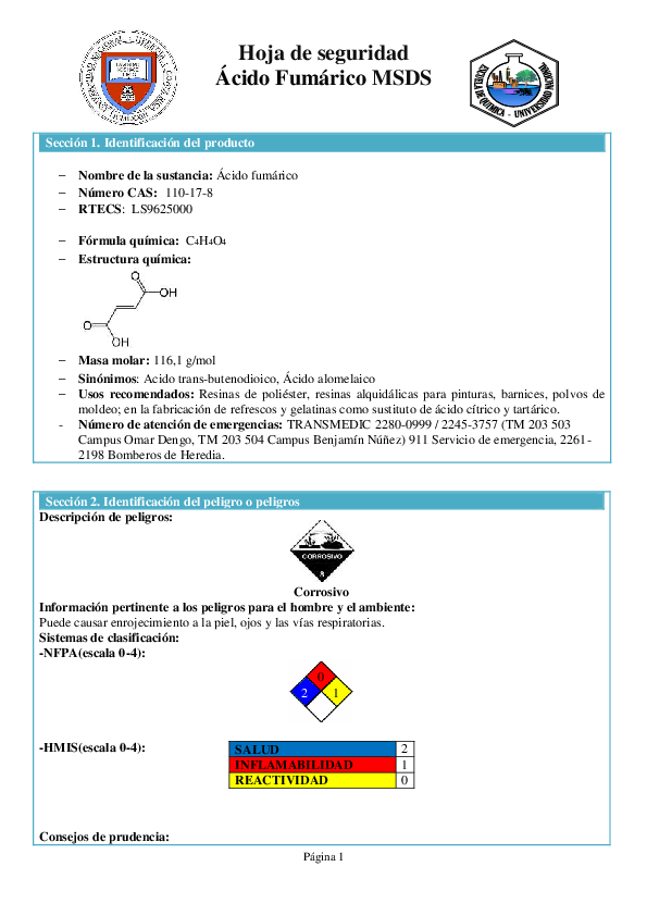 (PDF) Hoja de seguridad Ácido Fumárico MSDS Sección 1. Identificación ...