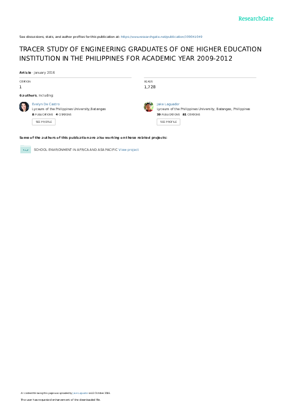 (PDF) Tracer Study of Engineering Graduates of One Higher Education ...