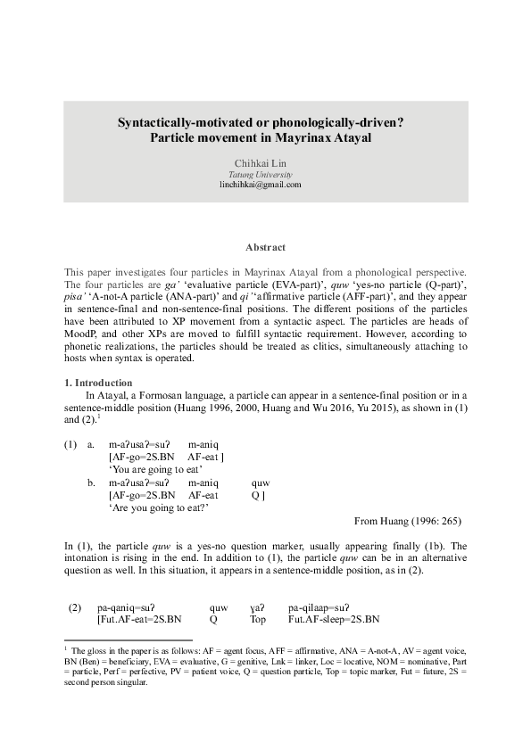 Pdf Syntactically Motivated Or Phonologically Driven Particle