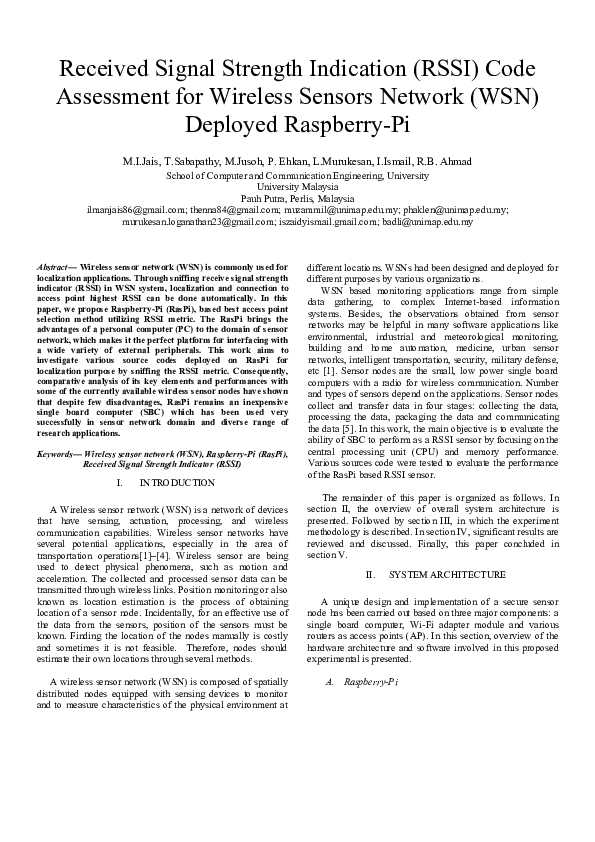 Pdf Received Signal Strength Indication Rssi Code Assessment For Wireless Sensors Network