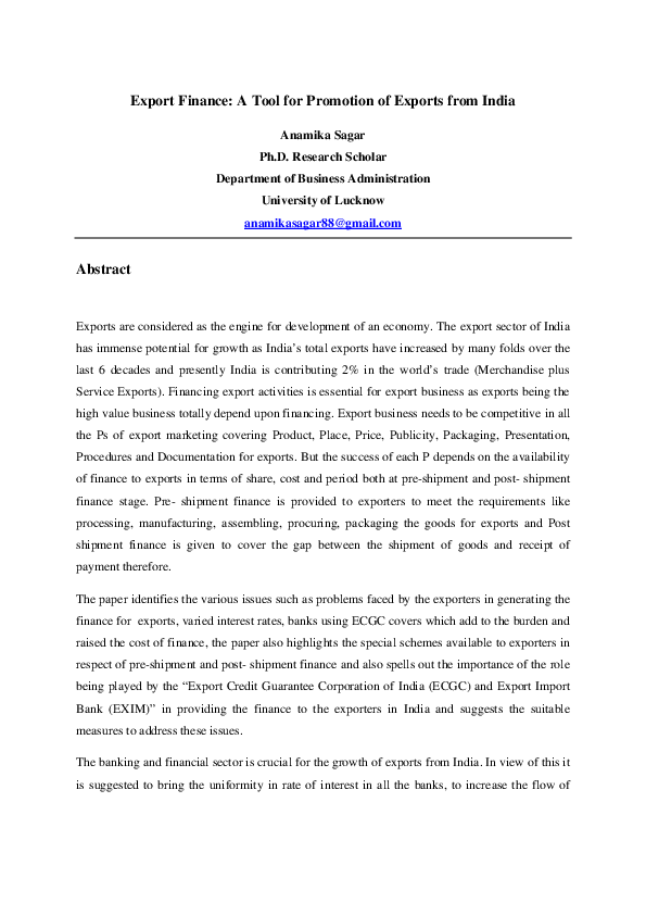 (PDF) Export Finance a tool for promotion of export from India