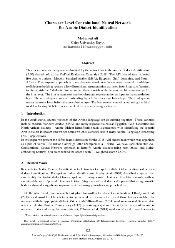 (PDF) Character Level Convolutional Neural Network for Arabic Dialect Identification