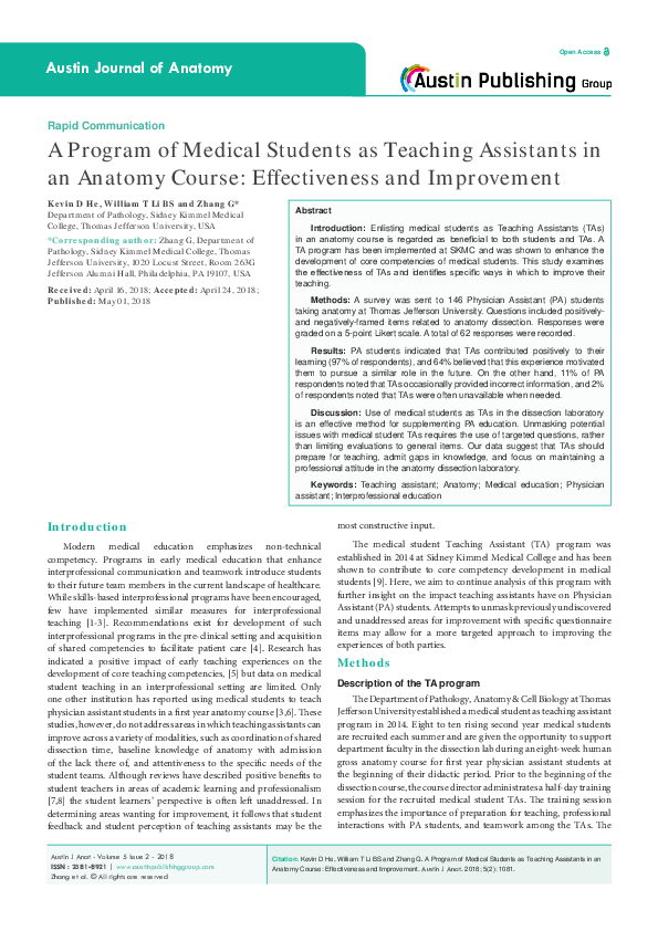 (PDF) A Program of Medical Students as Teaching Assistants in an ...