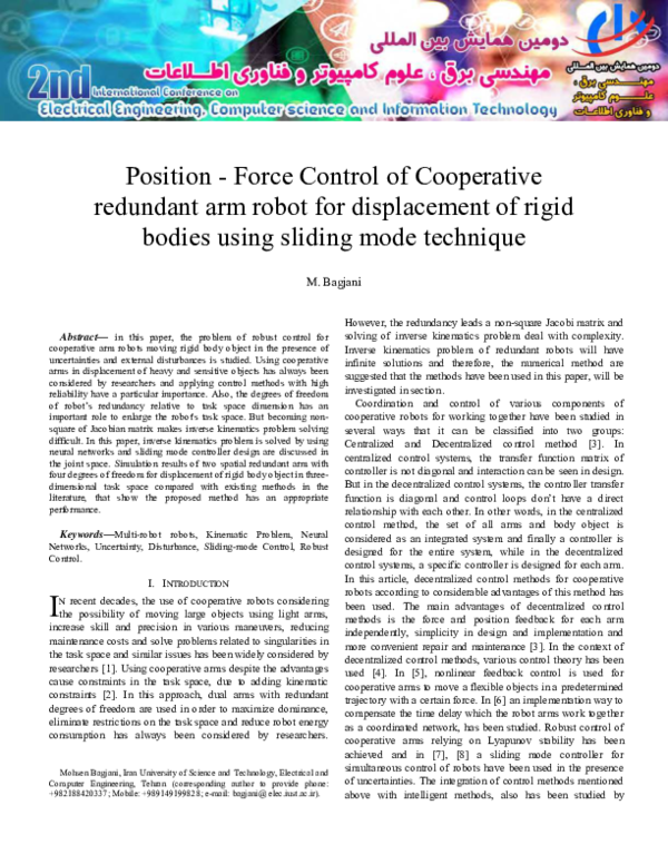 (PDF) Position - Force control of cooperative redundant arm robot for displacement of rigid ...