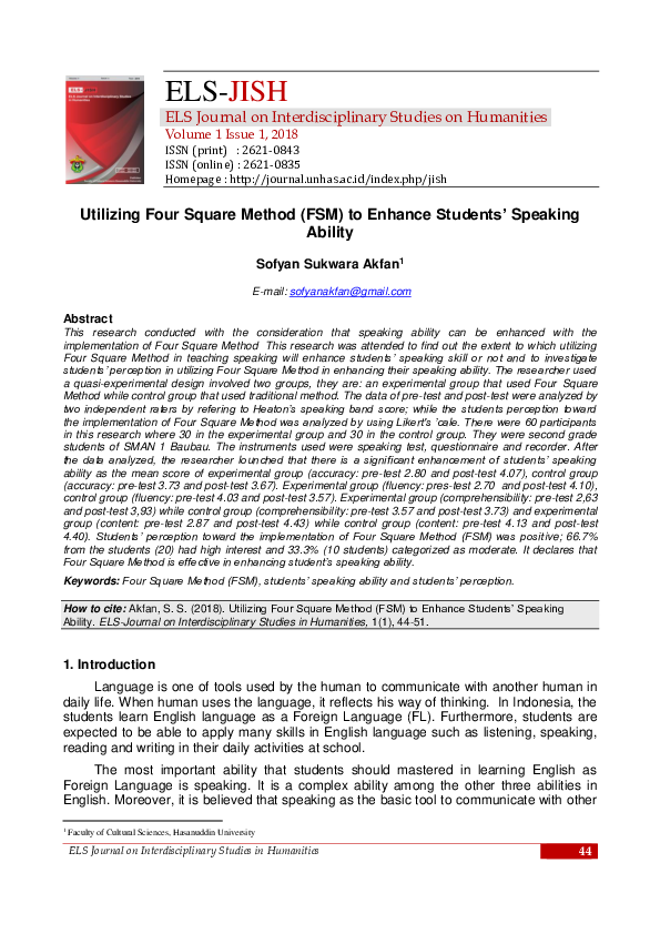 (PDF) Utilizing Four Square Method (FSM) to Enhance Students' Speaking ...