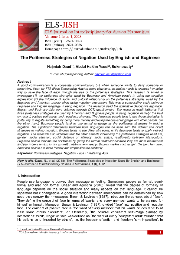 (PDF) The Politeness Strategies of Negation Used by English and Buginese