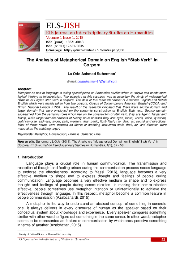 (PDF) The Analysis of Metaphorical Domain on English " Stab Verb " in ...