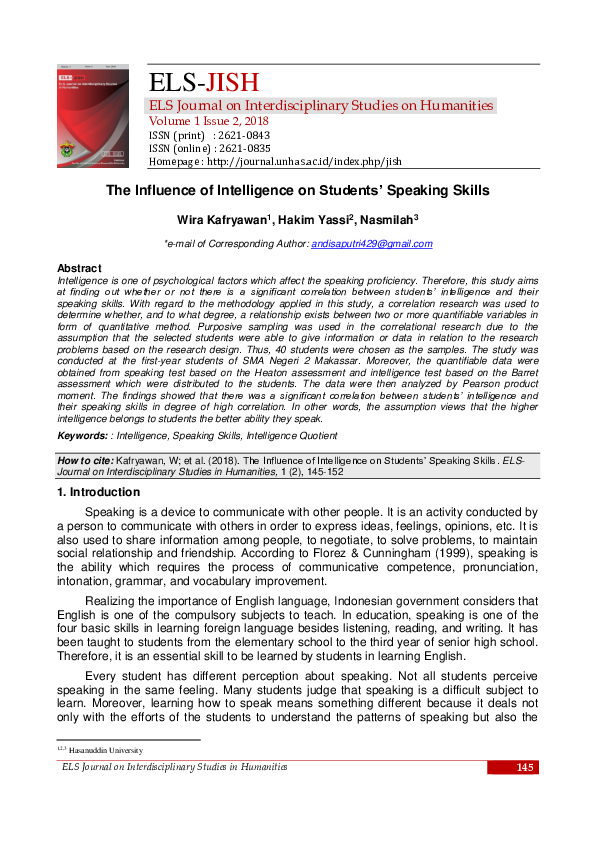 (PDF) The Influence of Intelligence on Students' Speaking Skills
