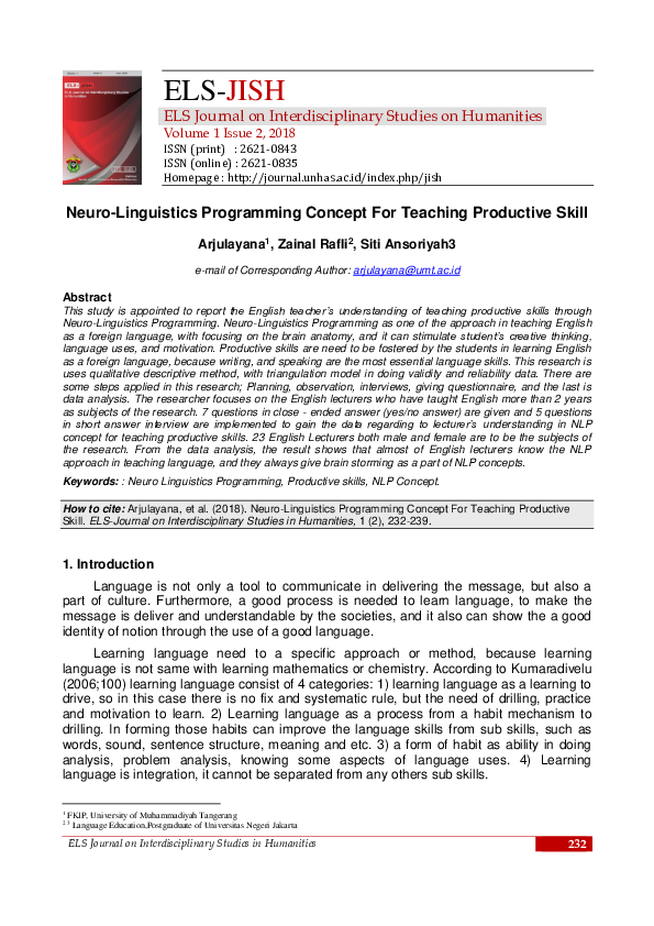 (PDF) Neuro-Linguistics Programming Concept For Teaching Productive Skill