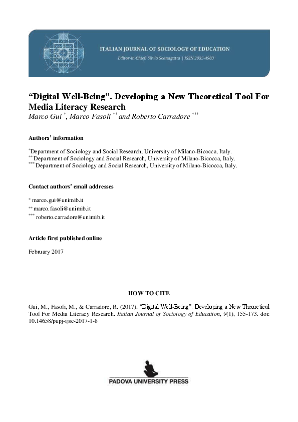 (PDF) " Digital Well-Being " . Developing a New Theoretical Tool For ...