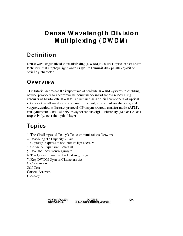 Pdf Dense Wavelength Division Multiplexing Dwdm