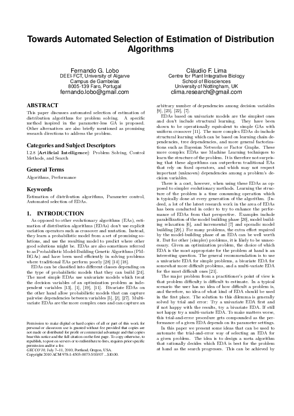 (PDF) Towards automated selection of estimation of distribution algorithms | fernando lobo ...