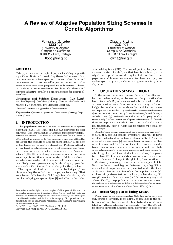 Pdf A Review Of Adaptive Population Sizing Schemes In Genetic Algorithms