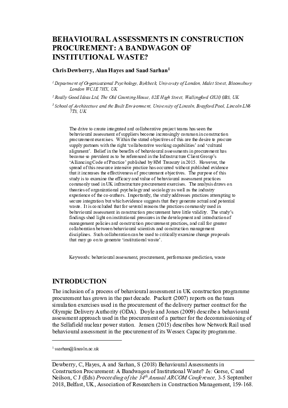 (PDF) BEHAVIOURAL ASSESSMENTS IN CONSTRUCTION PROCUREMENT: A BANDWAGON ...