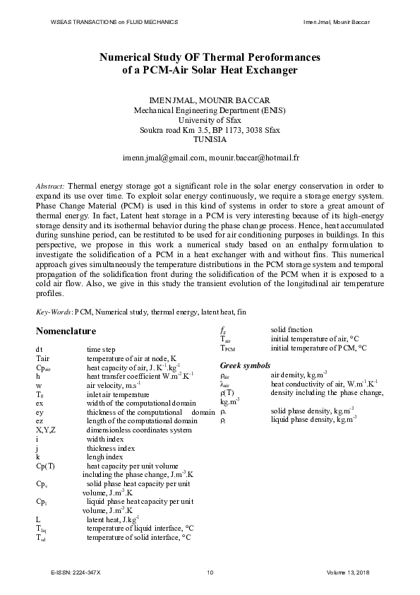 (PDF) Numerical Study OF Thermal Peroformances of a PCM-Air Solar Heat ...