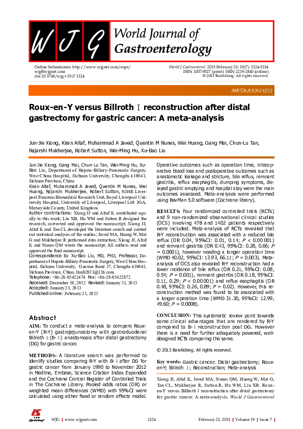 (PDF) Roux-en-Y versus Billroth I reconstruction after distal gastrectomy for gastric cancer: A ...