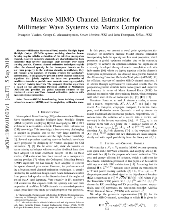 (PDF) Massive MIMO Channel Estimation for Millimeter Wave Systems via Matrix Completion