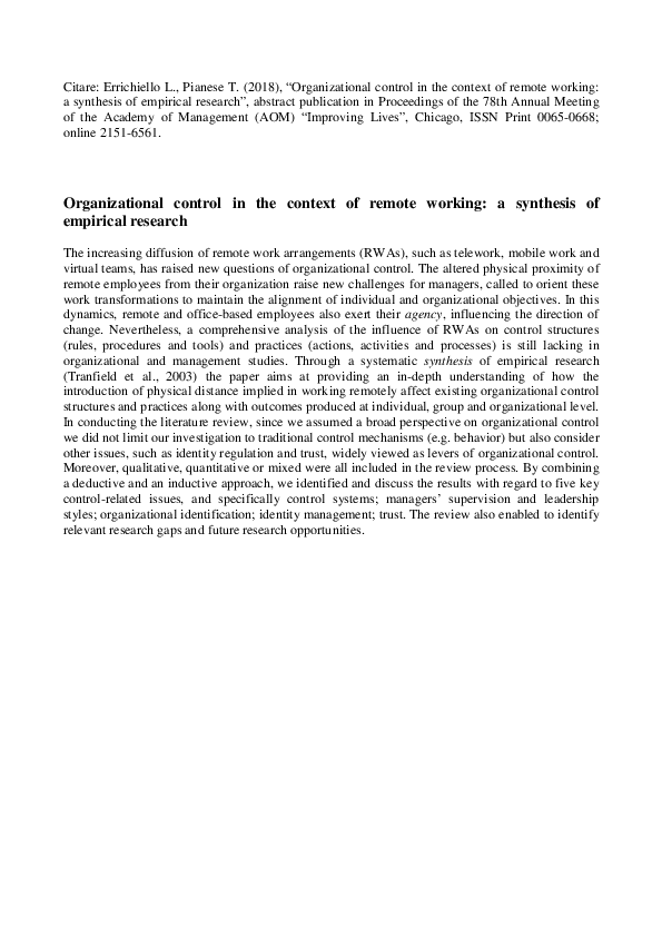 (PDF) Organizational control in the context of remote working: a synthesis of empirical research