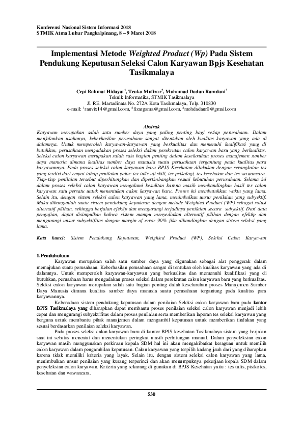 (PDF) Implementasi Metode Weighted Product (Wp) Pada Sistem Pendukung Keputusan Seleksi Calon ...