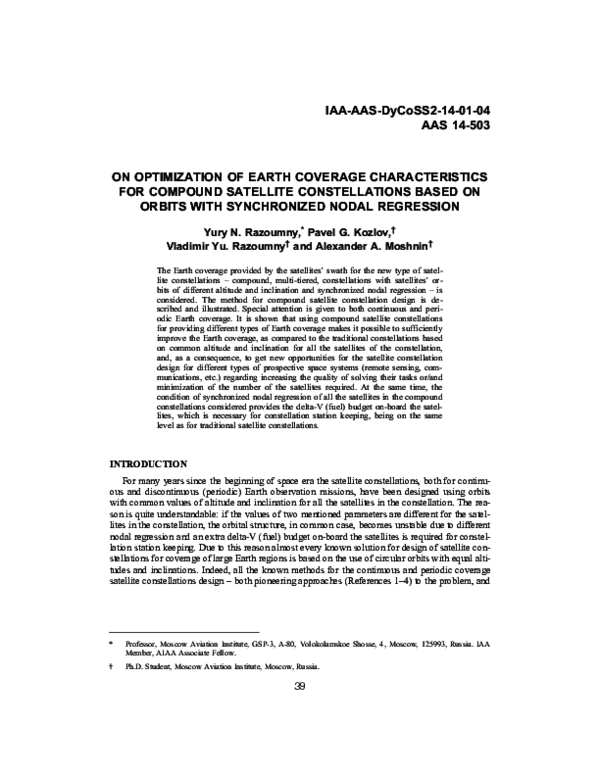Pdf On Optimization Of Earth Coverage Characteristics For Compound Satellite Constellations