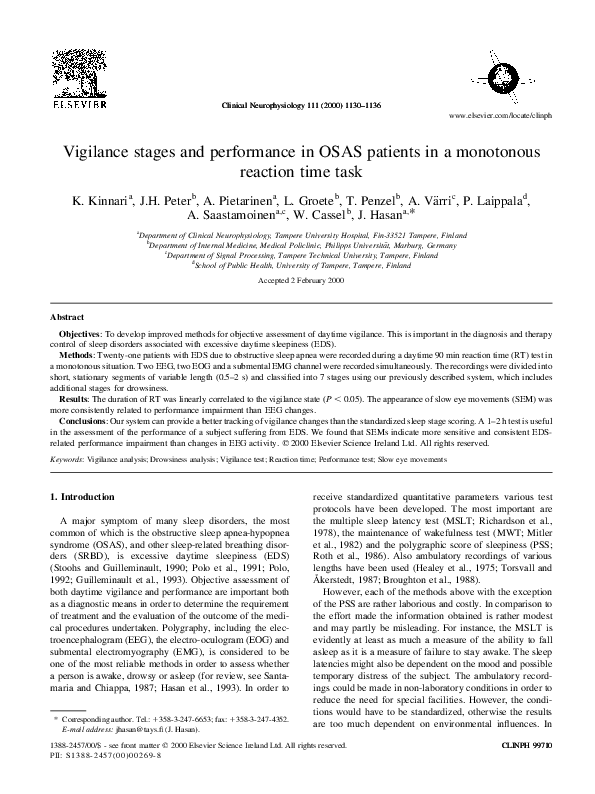 (PDF) Vigilance stages and performance in OSAS patients in a monotonous ...