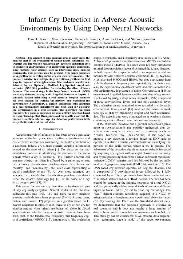 Pdf Infant Cry Detection In Adverse Acoustic Environments By Using Deep Neural Networks