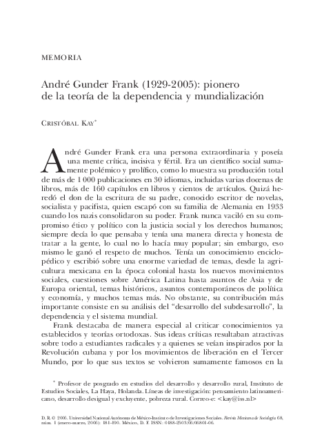 (PDF) André Gunder Frank (1929-2005): pionero de la teoría de la ...