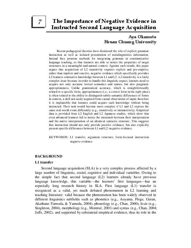 (PDF) The Importance of Negative Evidence in Instructed Second Language ...