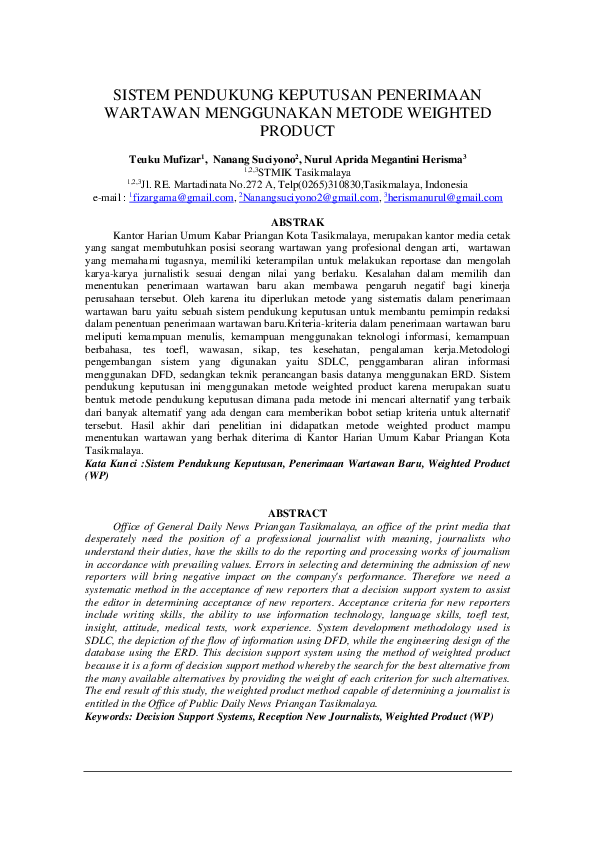 Pdf Sistem Pendukung Keputusan Penerimaan Wartawan Menggunakan Metode