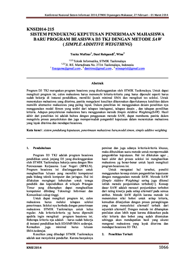 (PDF) SISTEM PENDUKUNG KEPUTUSAN PENERIMAAN MAHASISWA BARU PROGRAM BEASISWA D3 TKJ DENGAN METODE ...