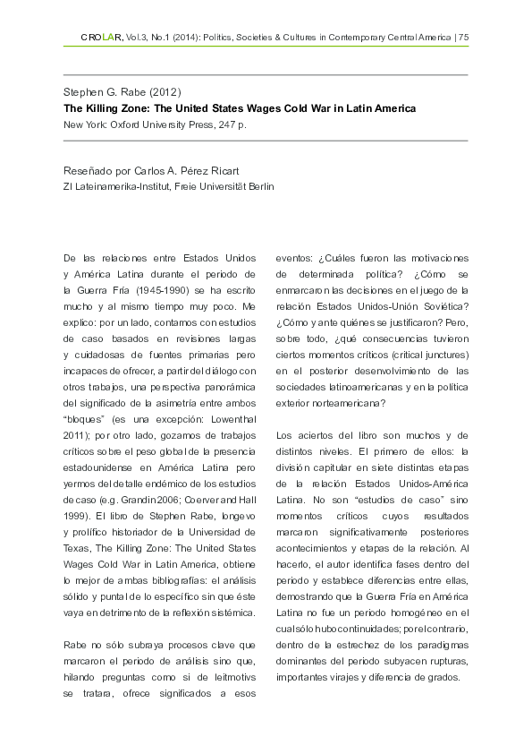 (PDF) (2014), Pérez Ricart, Reseña: Stephen G. Rabe (2012): The Killing ...