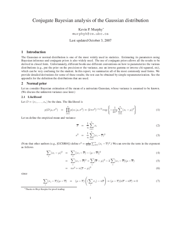 Pdf Conjugate Bayesian Analysis Of The Gaussian Distribution