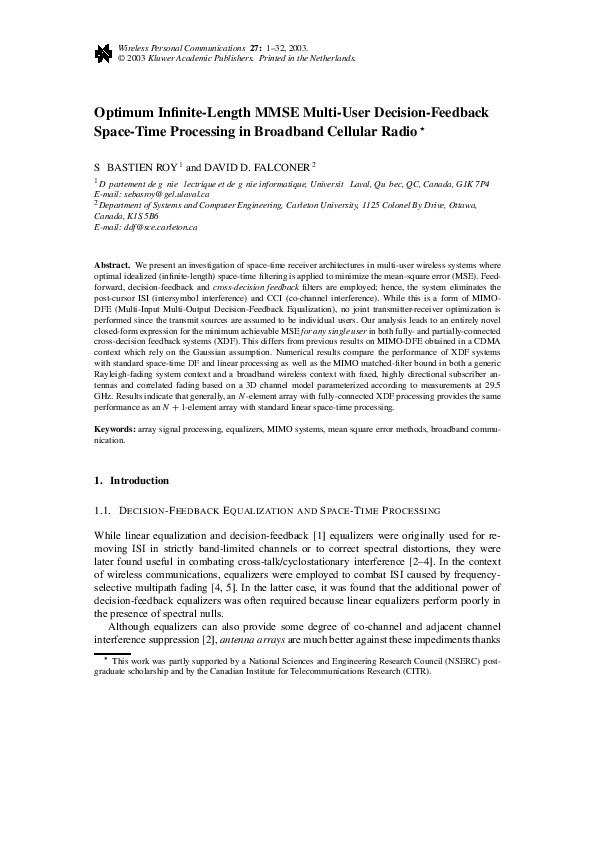 (PDF) Optimum infinite-length MMSE multi-user decision-feedback space-time processing in ...