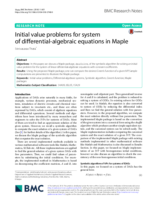 (PDF) Initial value problems for system of differential-algebraic equations in Maple