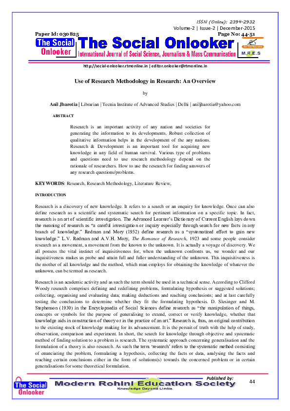 (PDF) Use of Research Methodology in Research: An Overview