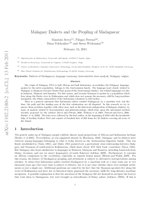 (PDF) Malagasy dialects and the peopling of Madagascar