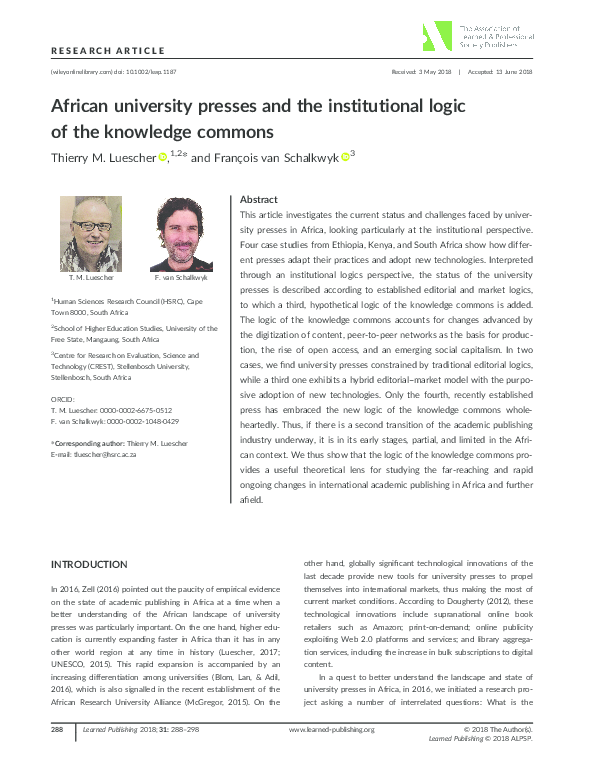 (PDF) African university presses and the institutional logic of the ...