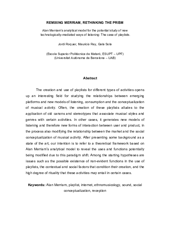 (PDF) REMIXING MERRIAM, RETHINKING THE PRISM Alan Merriam's analytical ...