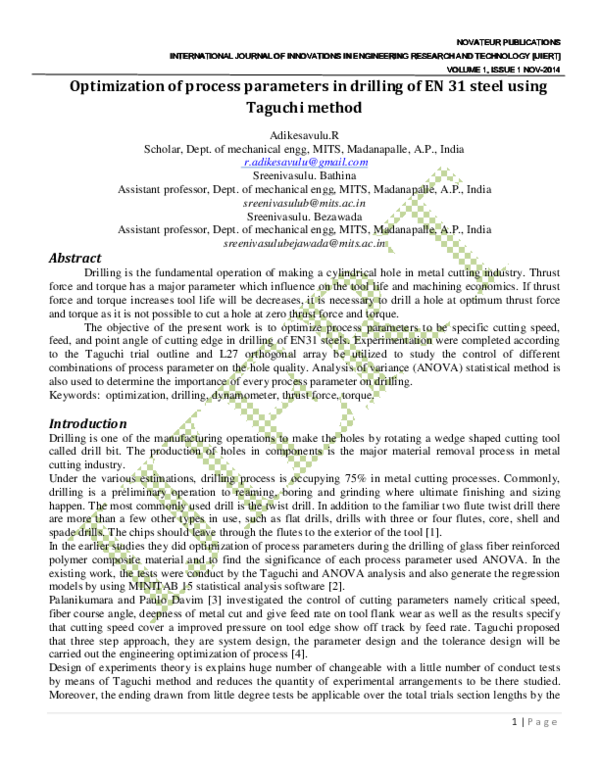 Pdf Use Of Taguchi Method Based Design Of Experiments Doe In The Optimization Of The Drilling