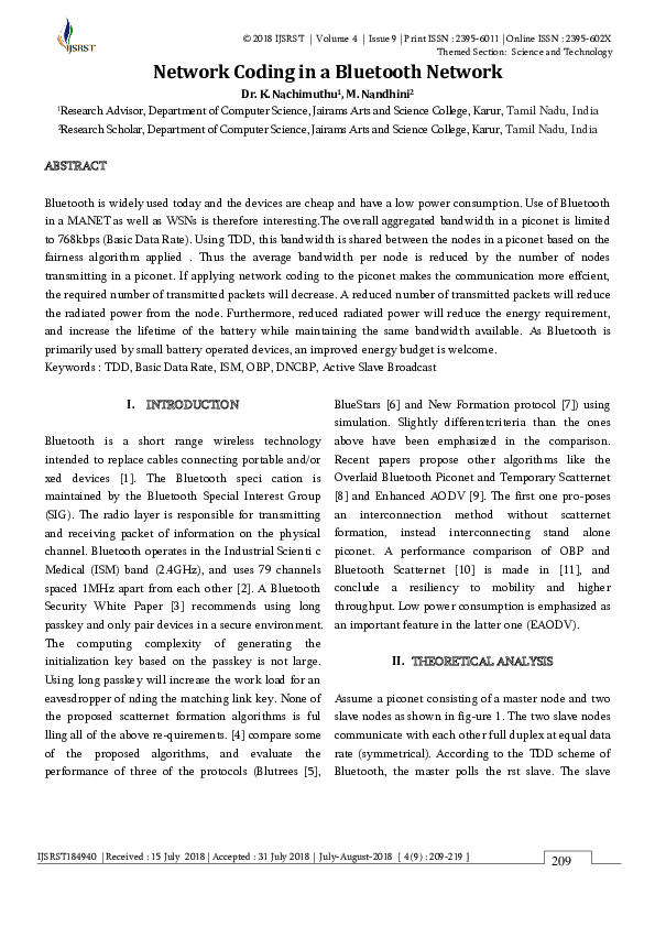 Pdf Network Coding In A Bluetooth Network International Journal Of Scientific Research In