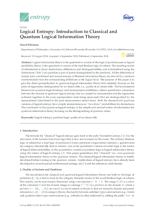 Pdf Logical Entropy Introduction To Classical And Quantum Logical Information Theory 